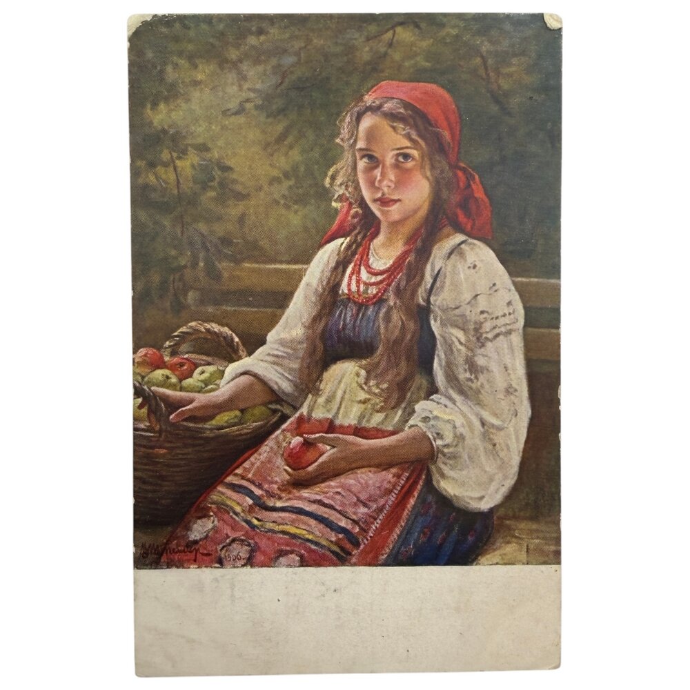 Почтовая открытка "Штембер - Девочка с яблоками" 1900-1914 гг. Российская Империя