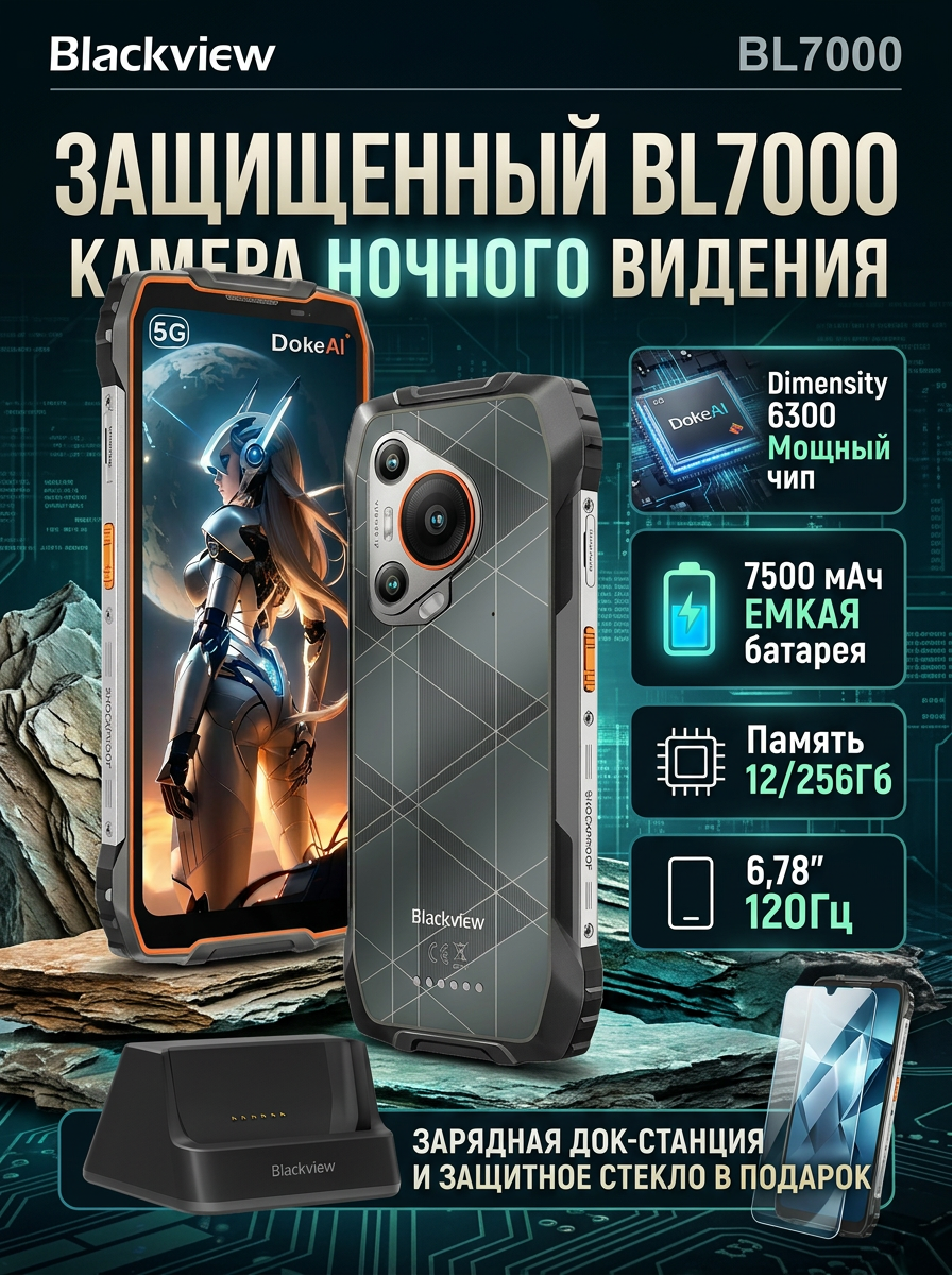 Защищенный смартфон Blackview BL7000 Al 5G Оранж + Док. станция+ Стекло, 7500 мАч, 8/256 ГБ, 6.78" 120 гц, Гарантия год