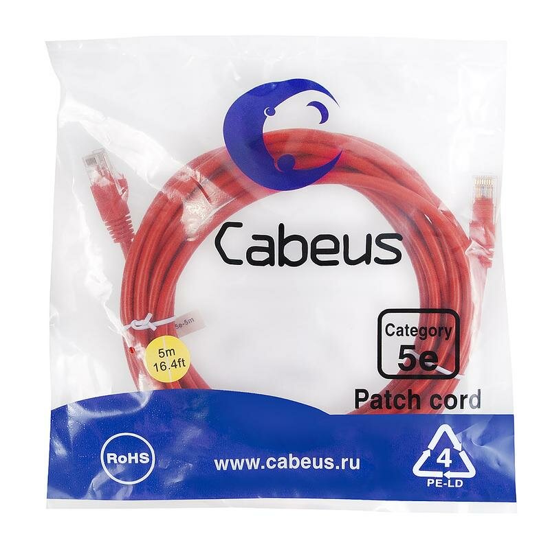 Патч-корд U/UTP кат.5E PC-UTP-RJ45-Cat.5e-5m-RD-LSZH 2xRJ45/8p8c неэкранир. LSZH 5м красн. Cabeus 9517c