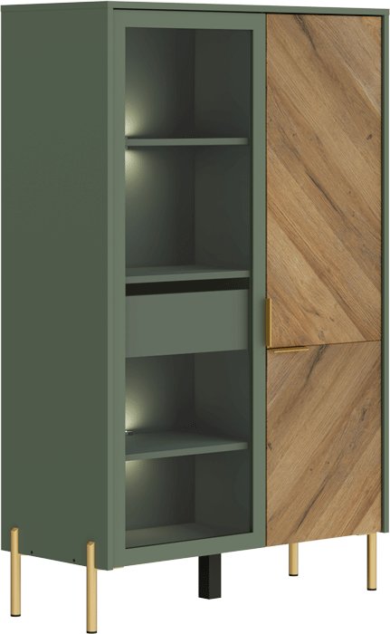BRW Шкаф-витрина с подсветкой Сиена/Siena REG1W1D/140 Дымчатый зеленый, Дымчатый зеленый/Дуб вотан Дымчатый зеленый, Дымчатый зеленый/Дуб вотан