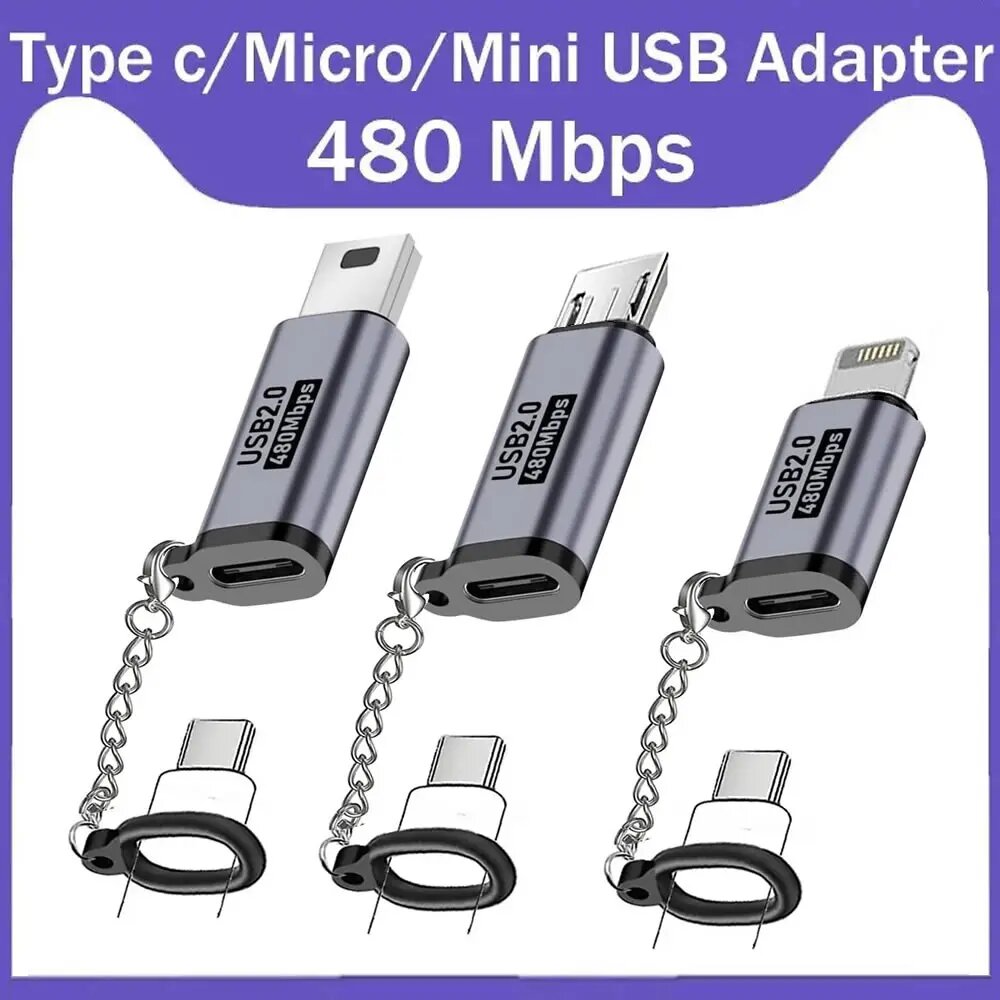Адаптер USB-C типа C «мама» на микро/мини-USB для iPhone 14 13 Xiaomi Samsung, адаптер для зарядного устройства Lightning «папа» — фото 1