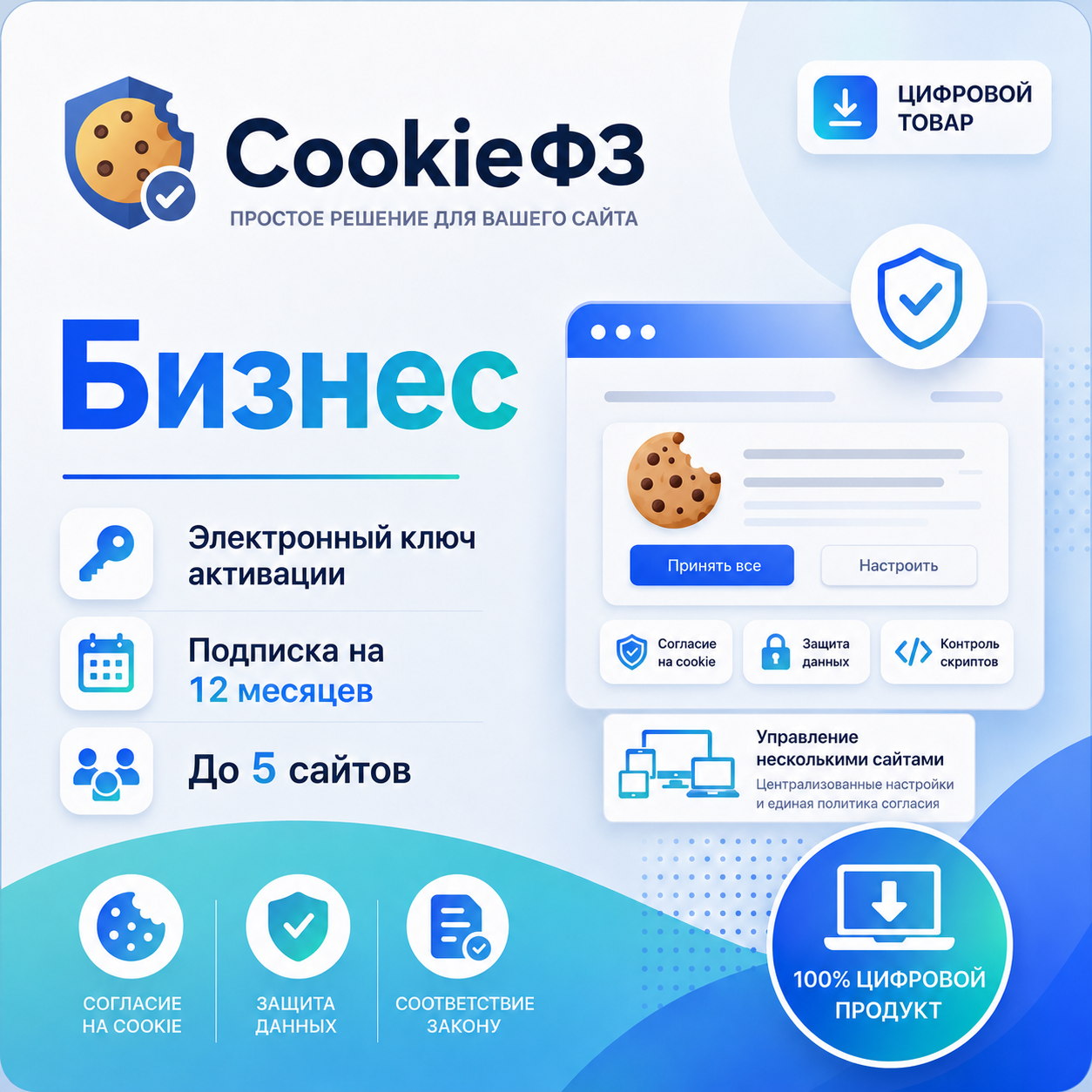 Электронный ключ CookieФЗ "Бизнес", для подключения cookie-уведомления, 12 мес, до 5 сайтов