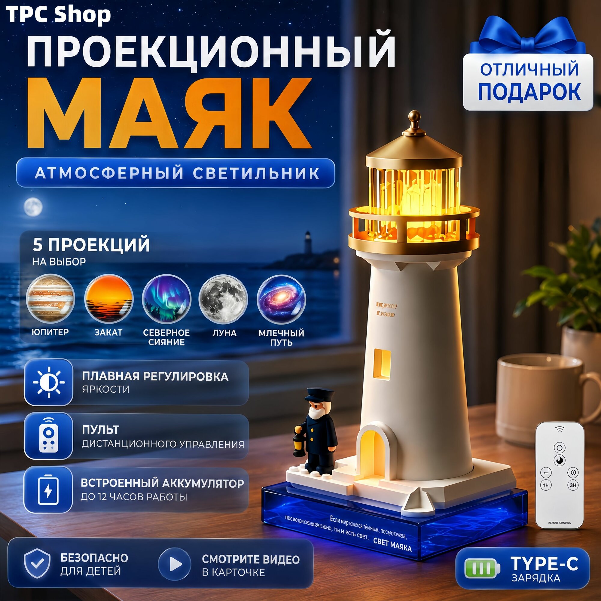 Проекционный ночник Маяк с эффектом звездного неба