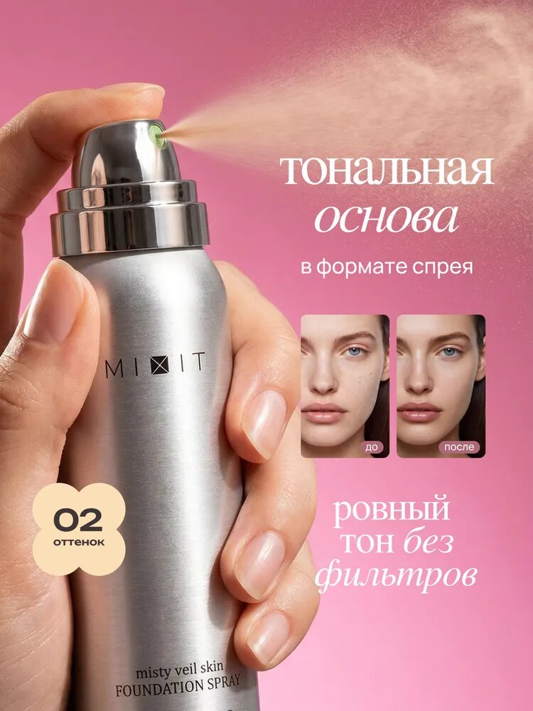 MIXIT Тональный крем спрей для лица в аэрозоле, 02 HONEY NUDE, 70 мл
