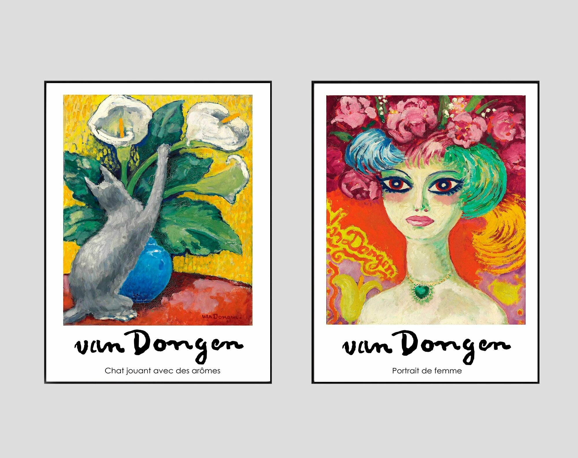 2 Постера Кес ван Донген (Kees van Dongen) Девушка Цветочная и Букет с Серой кошкой/ Набор арт плакатов 2 шт, размер А2/ Ретро постеры для интерьера для столовой, кухни, гостиной