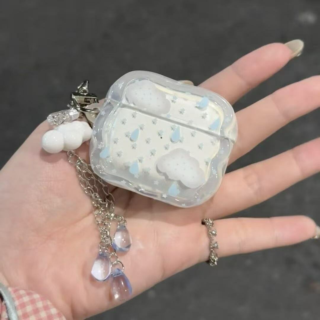 AirPods Pro3 Tesco ВсеДляТебя — Прозрачный матовый чехол для AirPods, дизайн с облаками и дождём, голубой