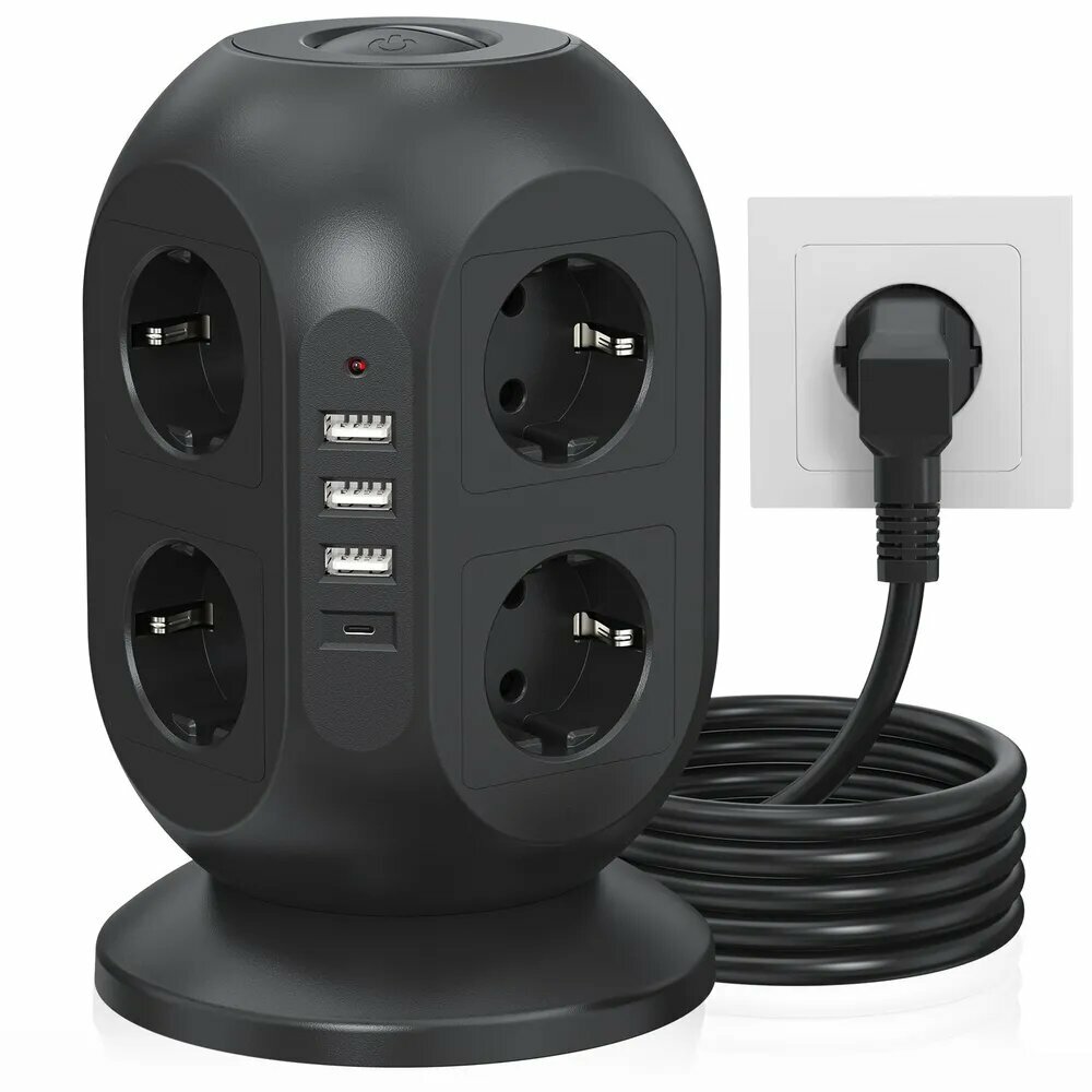 HITRENDS Многофункциональная розетка с 8 розетками, 3 USB и Type-C, мощность 2500Вт, черная