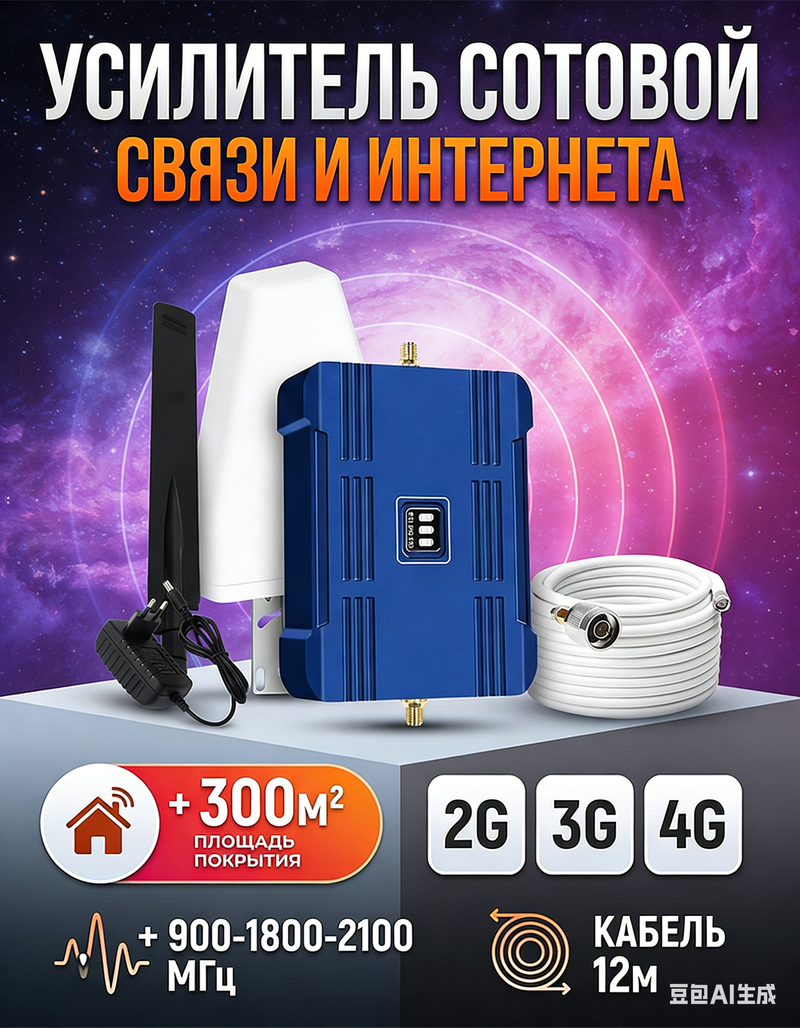 Усилитель сотовой связи 900/1800/2100 МГц (2G/3G/4G): до 70 км, направленный, синий, 1.3 кг