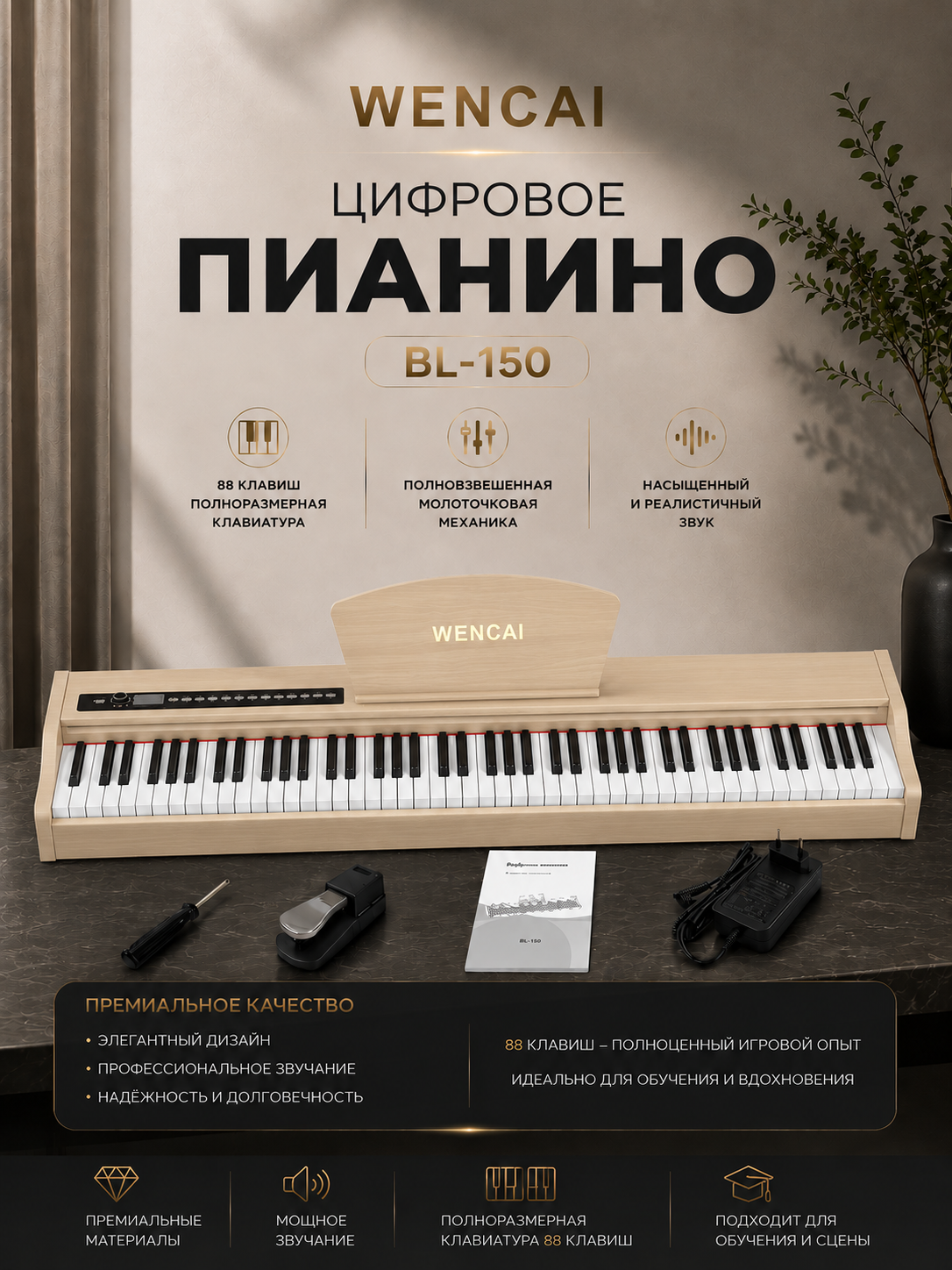 WENCAI Цифровое пианино с Bluetooth MIDI и аудио: 88 взвешенных клавиш для дома и улицы