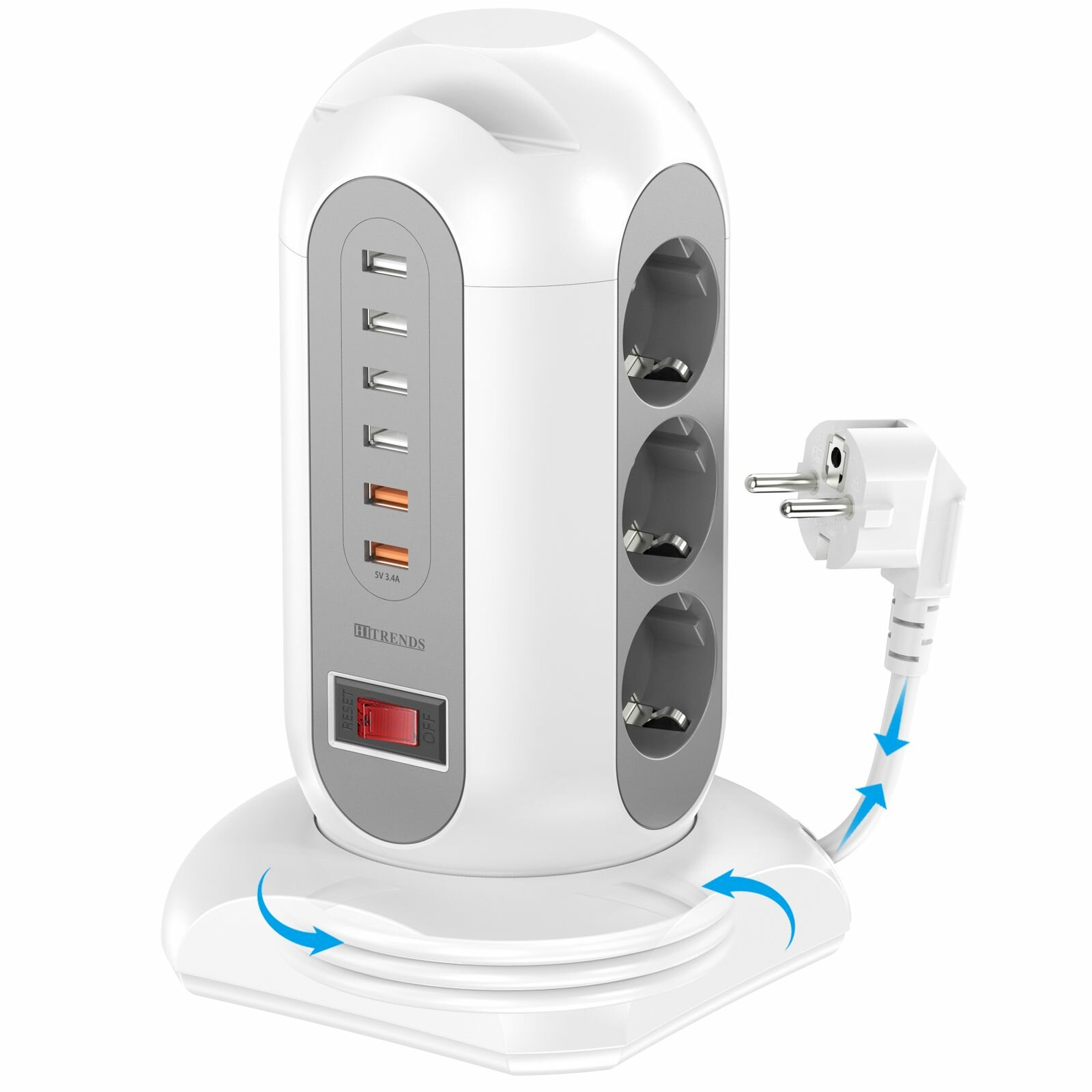 HITRENDS - Башенный удлинитель с 9 евророзетками (10A 250V 2500W) и 6 USB-A (5V3.4A 17W), кабель 1.8м, вертикальная экономия пространства