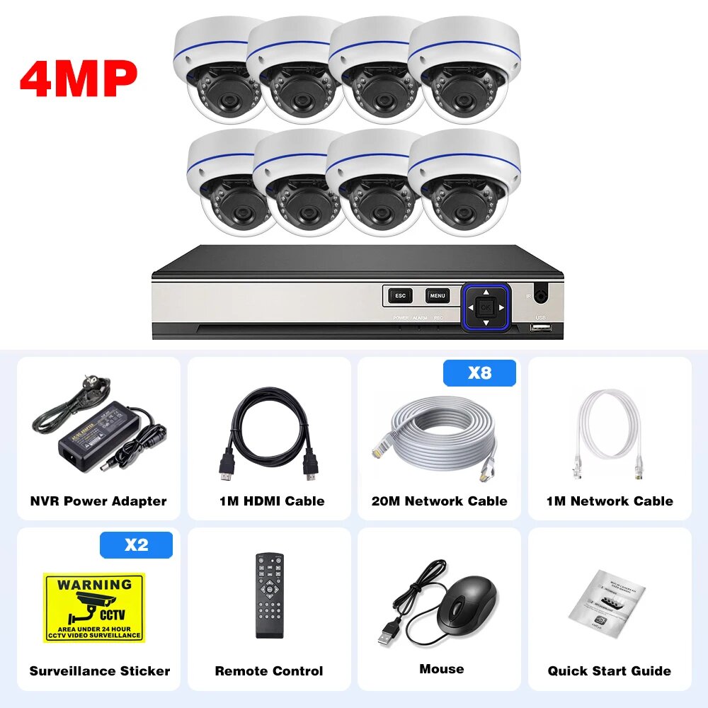 Система видеонаблюдения Gadinan 10CH 8MP 4K POE Dome Security Camera System IP Set 4MP Защищенная от вандализма Домашняя Аудио CCTV Видеонаблюдение Защитный Набор