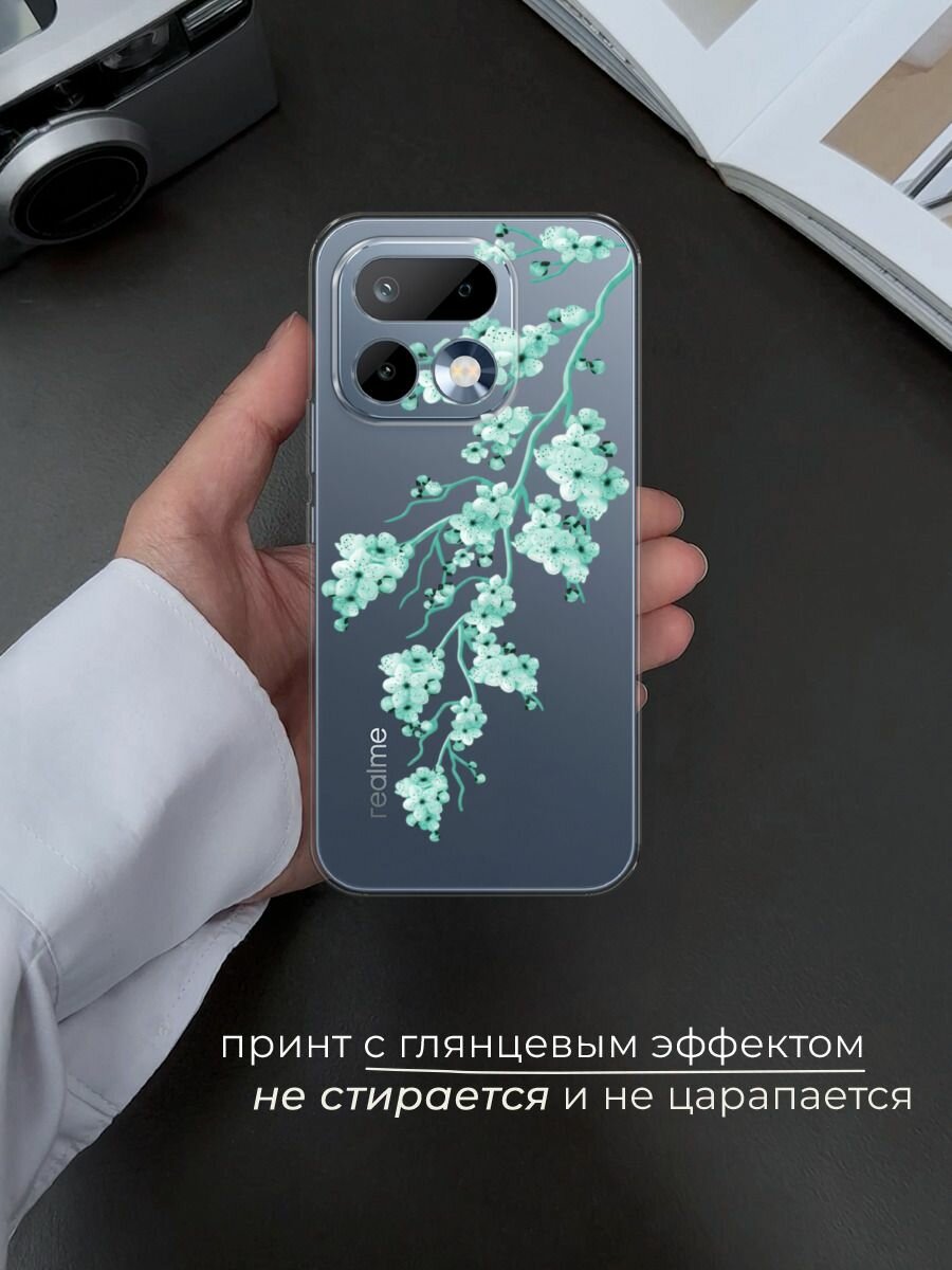 Силиконовый чехол на Realme 16 Pro / Реалме 16 Про с принтом Бирюзовая веточка сакуры — фото 1