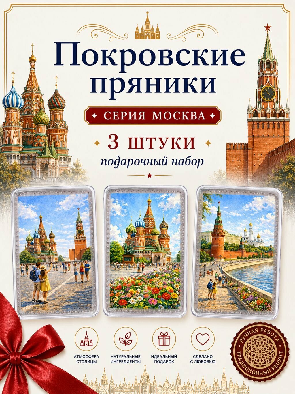 Подарочный набор покровских пряников 3 шт по 140 гр "Красная площадь", "Храм Василия Блаженного", "Московский Кремль"