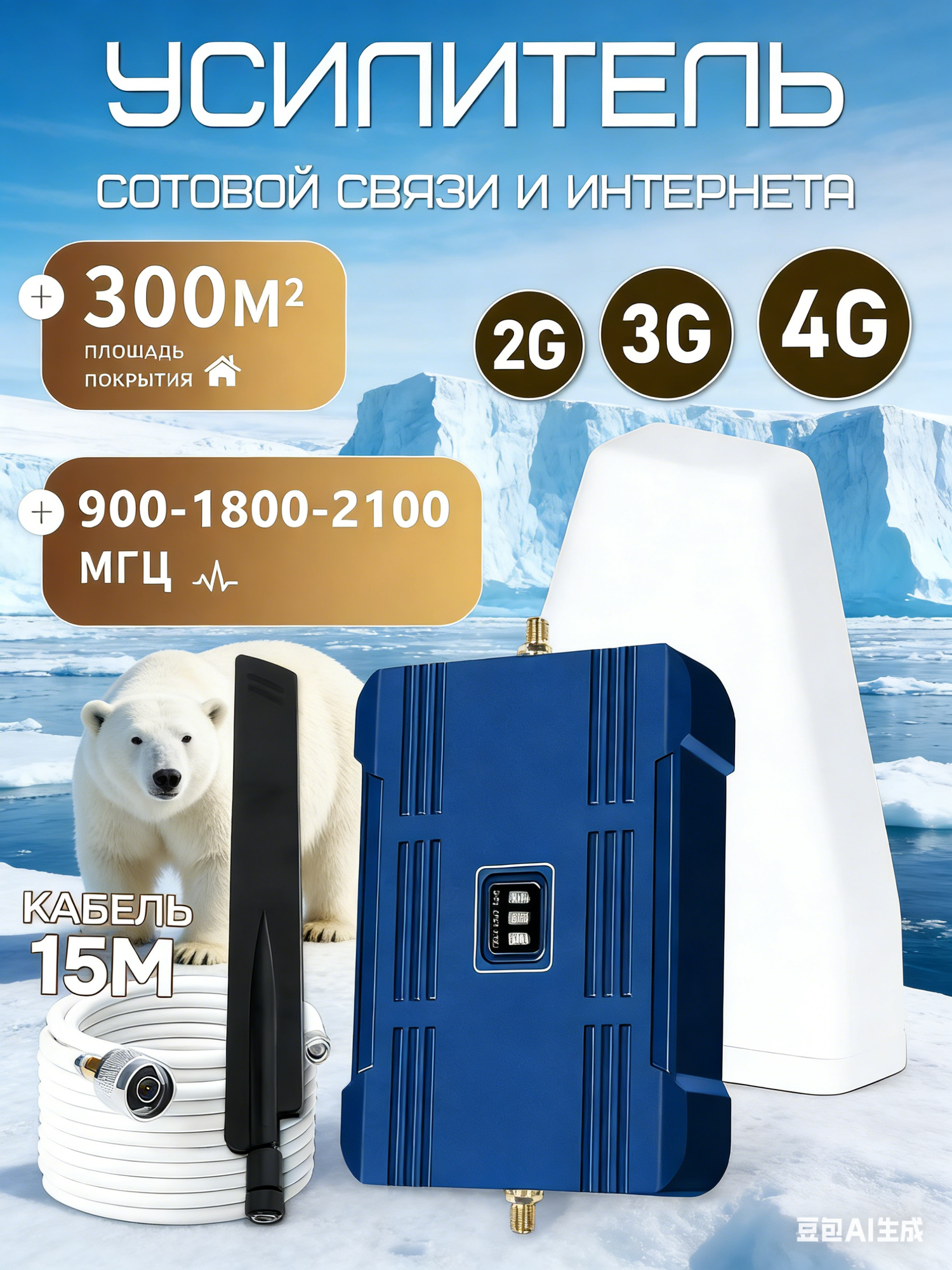 Усилитель сотовой связи 900/1800/2100 МГц (2G/3G/4G): до 70 км, направленный, синий, 1.3 кг