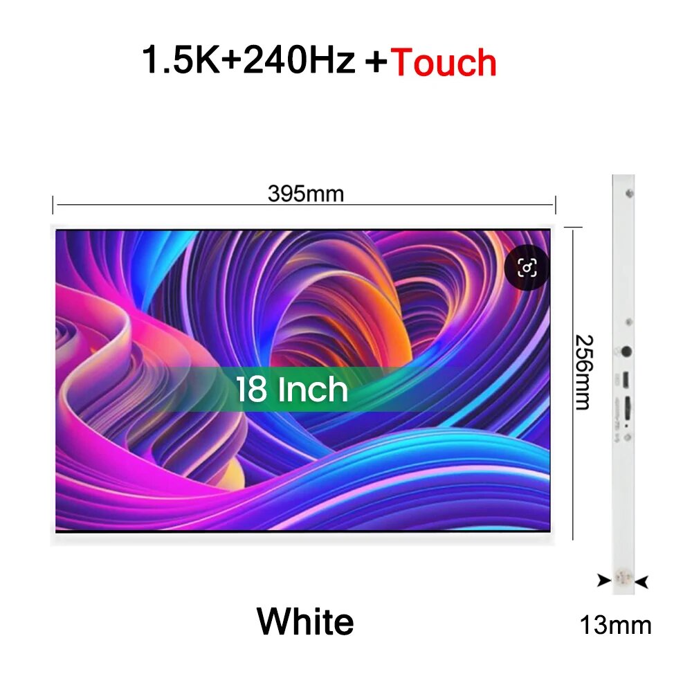 18-дюймовый портативный монитор с сенсорным экраном 1.5K 240Hz, соотношение сторон 16:10, 100% DCI-P3, 500 нит, IPS-дисплей для ПК, ноутбуков, Mac, телефонов, Xbox, PS4/5, Switch