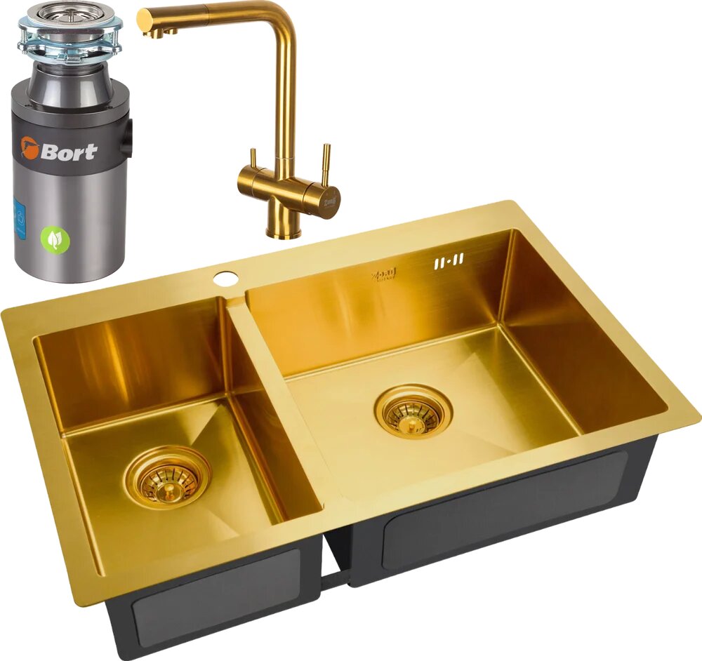 Комплект Мойка Zorg Inox PVD SZR-78-2-51 R 78x51, bronze, нержавеющая сталь / Смеситель Inox SZR-7039 BRONZE бронза, бронза / Измельчитель Bort Titan 4000 Plus электрический, нержавеющая сталь