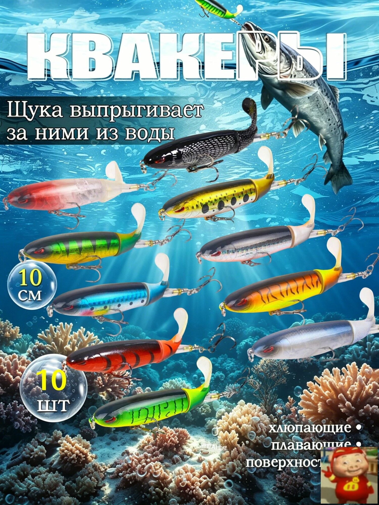 10 шт Воблер квокер Пропбейт / Поппер / Whooper с вращающимся хвостом хлюпающий для рыбалки