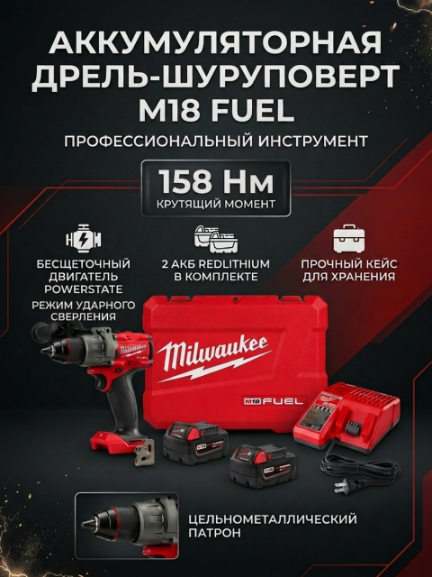 Аккумуляторная дрель-шуруповерт Milwaukee M18 Fuel 2904-22