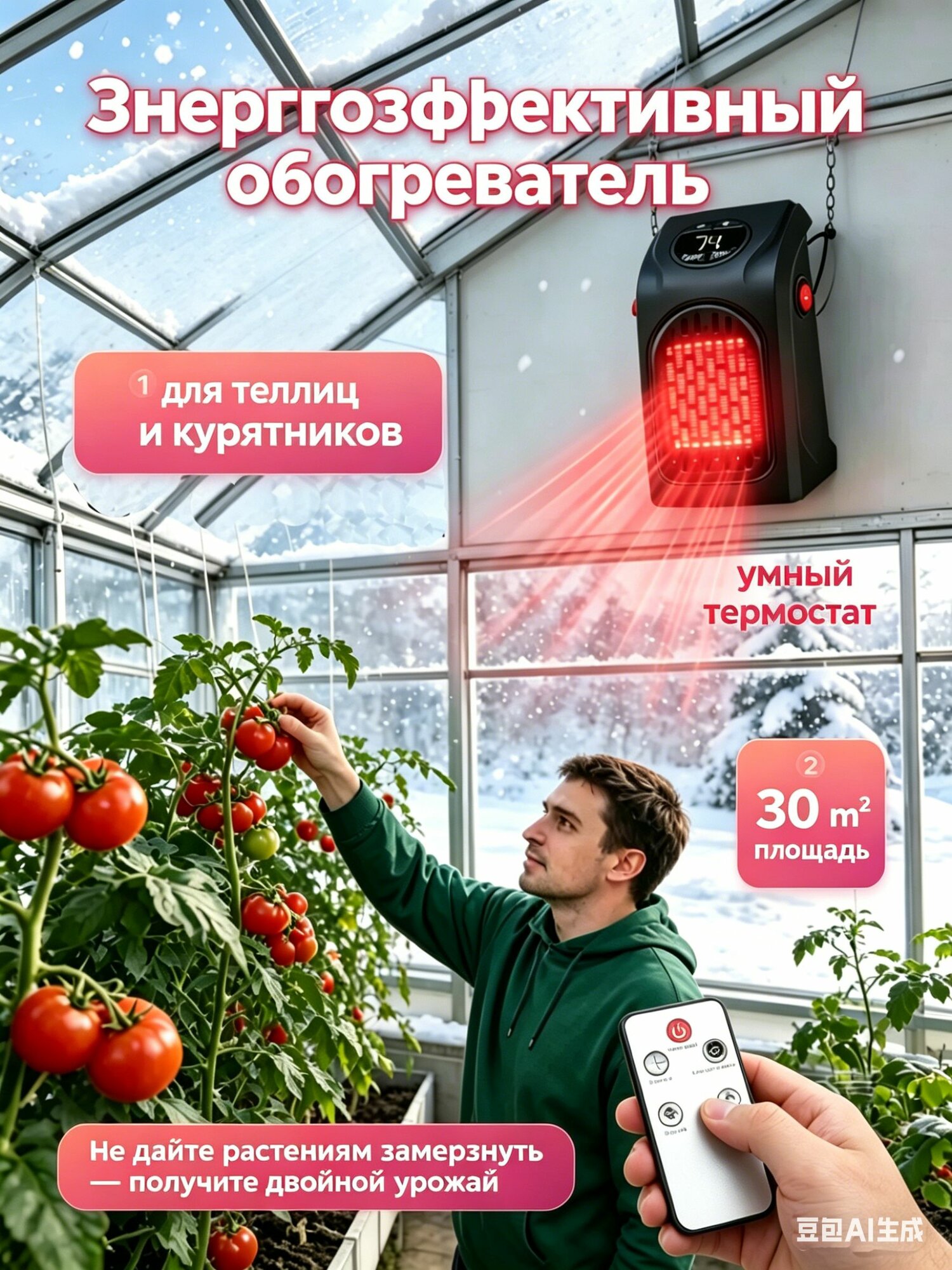 Инфракрасный обогреватель для теплиц с терморегулятором Защита от перегрева /Влагозащищенный корпус специально разработан для условий теплиц