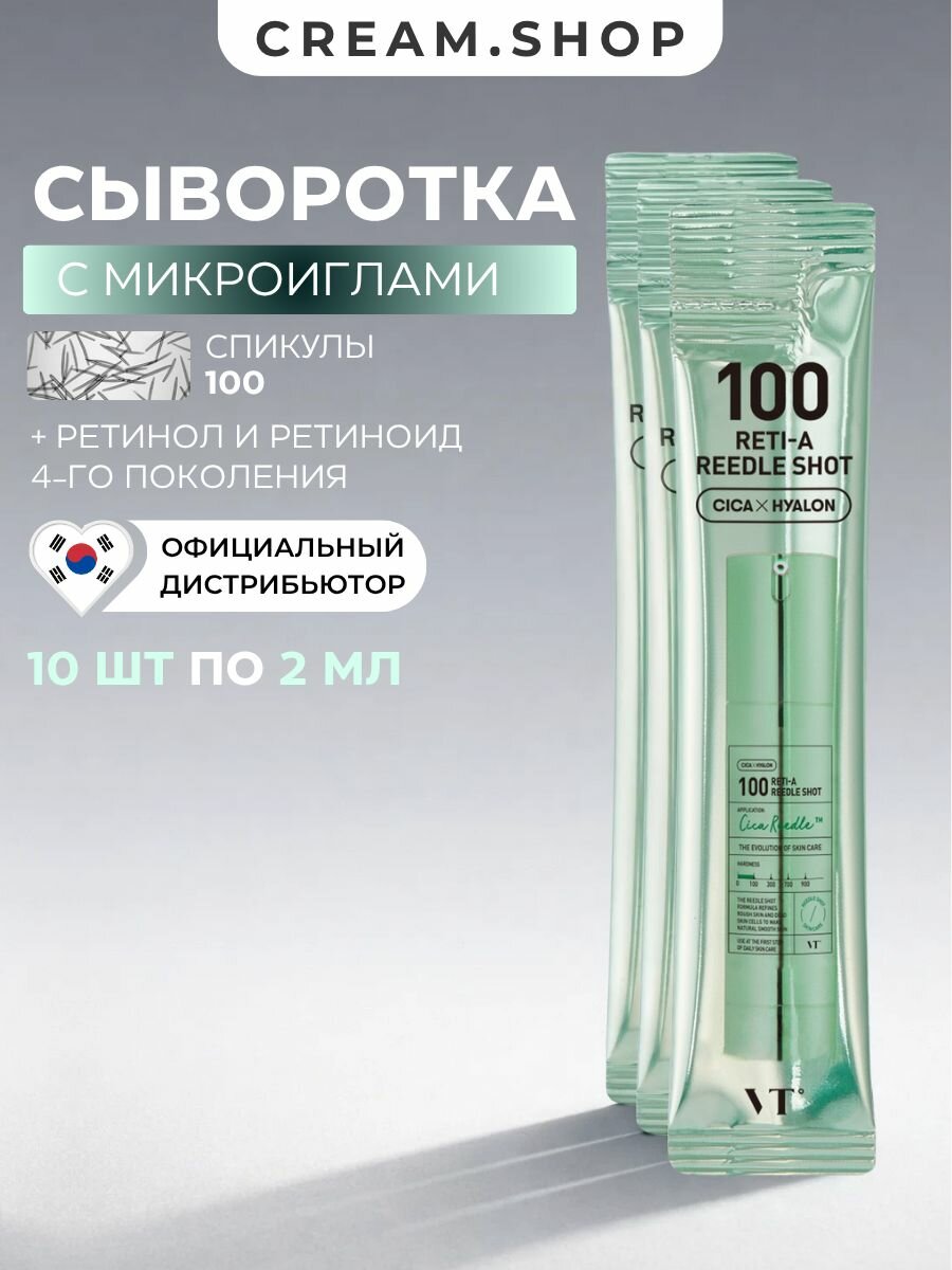 VT Cosmetics Сыворотка с микроиглами, саше, 10 шт, с ретинолом и бакучиолом антивозрастная, от пигментации и морщин, Корея
