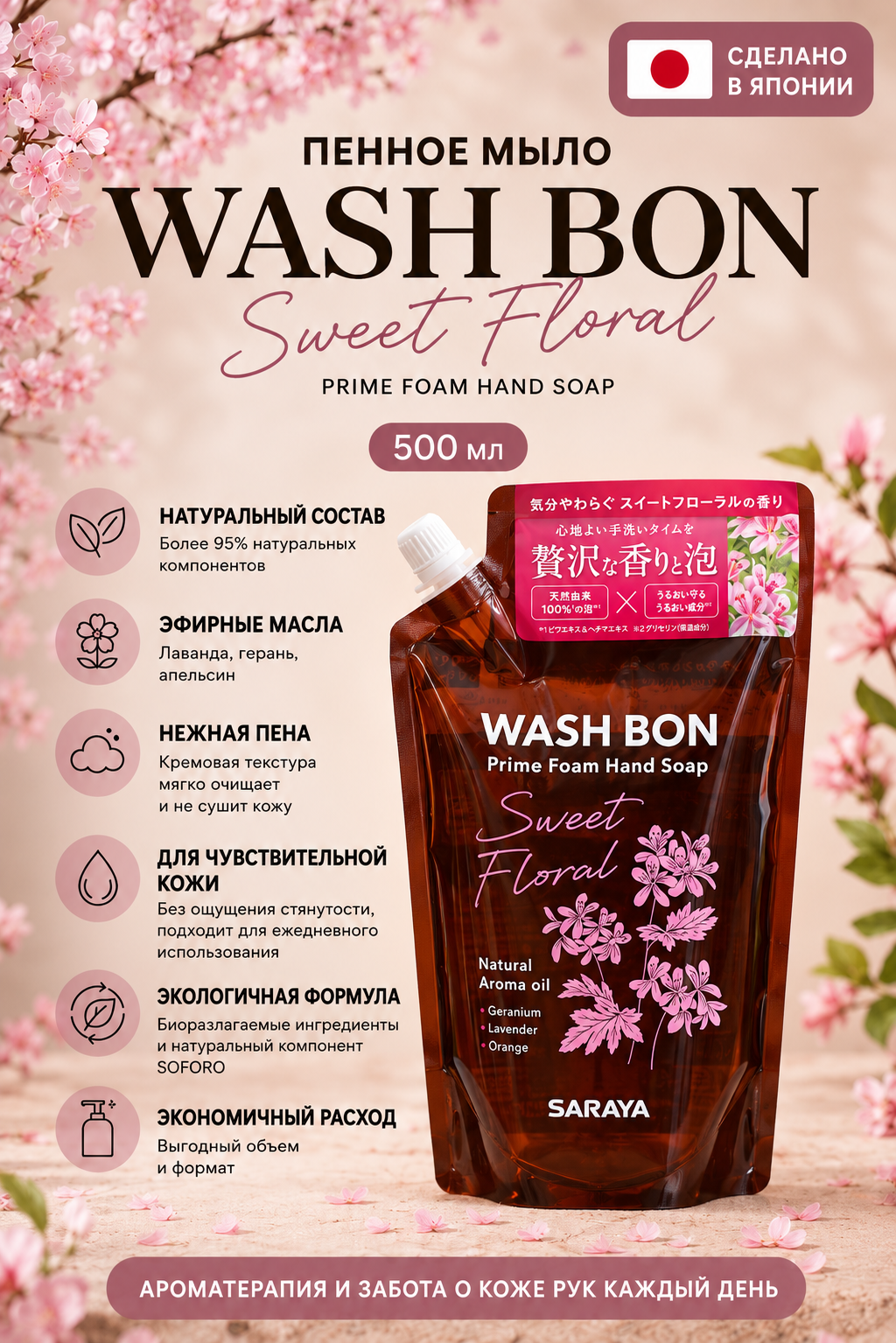 Пенящееся мыло для рук Wash Bon "Цветы", наполнитель, 500 мл