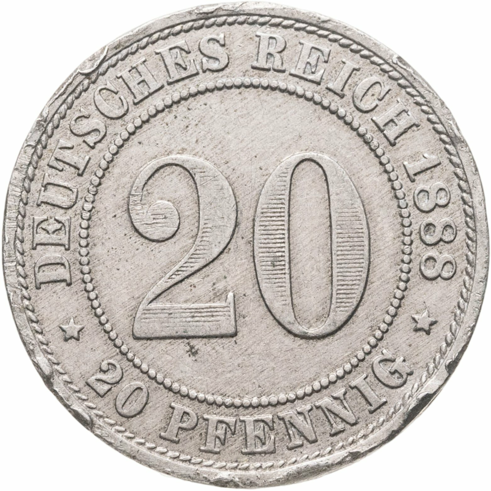 Германия 20 пфеннигов pfennig 1888, Знак монетного двора: "A" - Берлин, Мельхиор медь-никель, в сохранности VF-XF