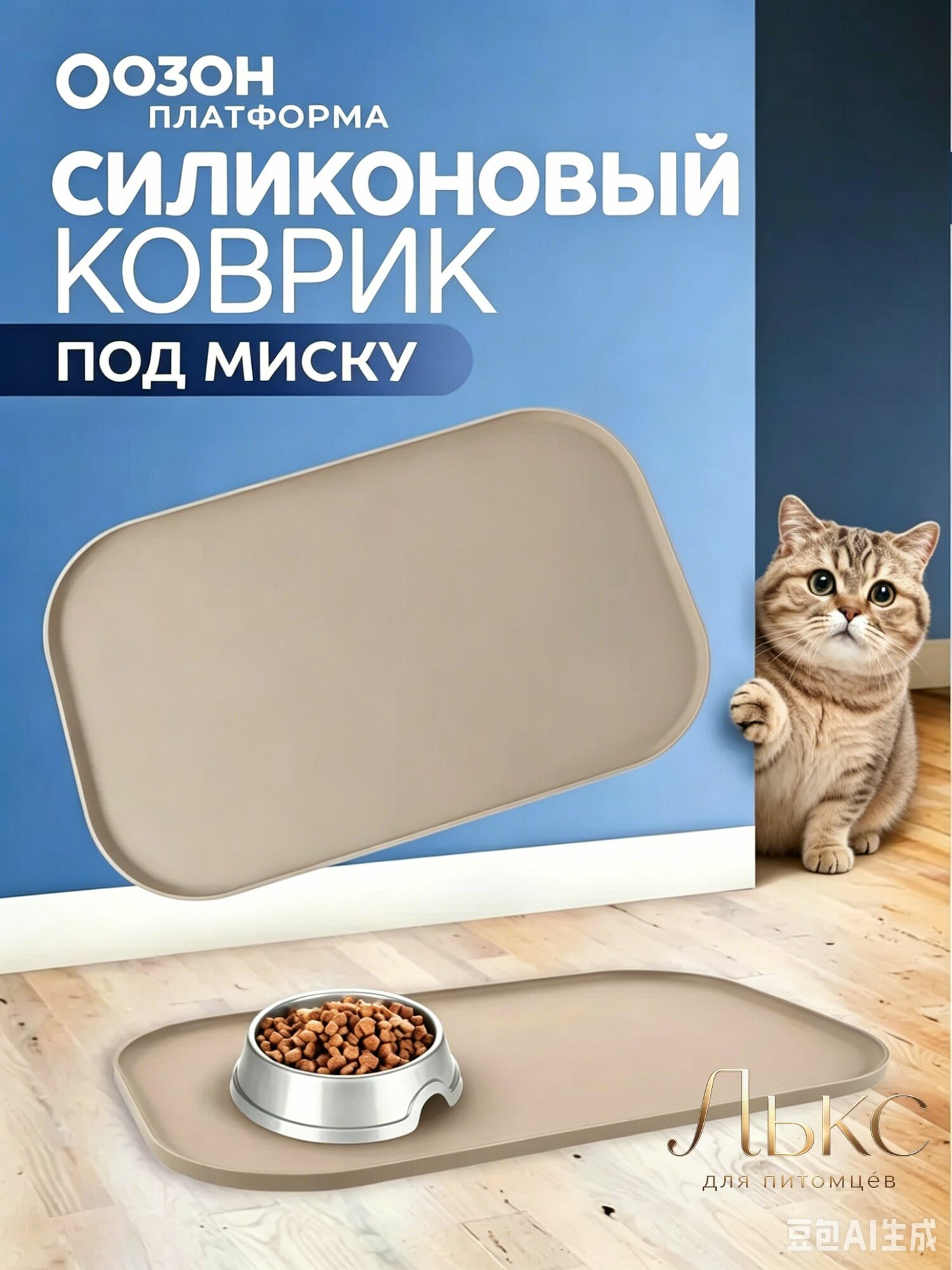 Коврик под миску для кошек/собак. Силикон. Размер 27х44 см. Цвет бежевый