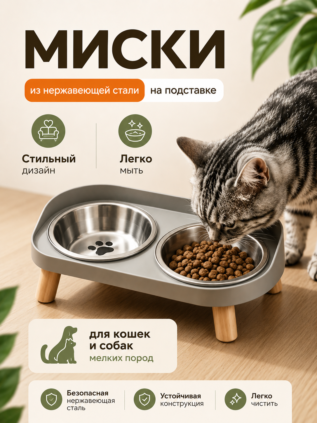 Миски для кошек и собак керамические, 2 секции, на подставке, Серый