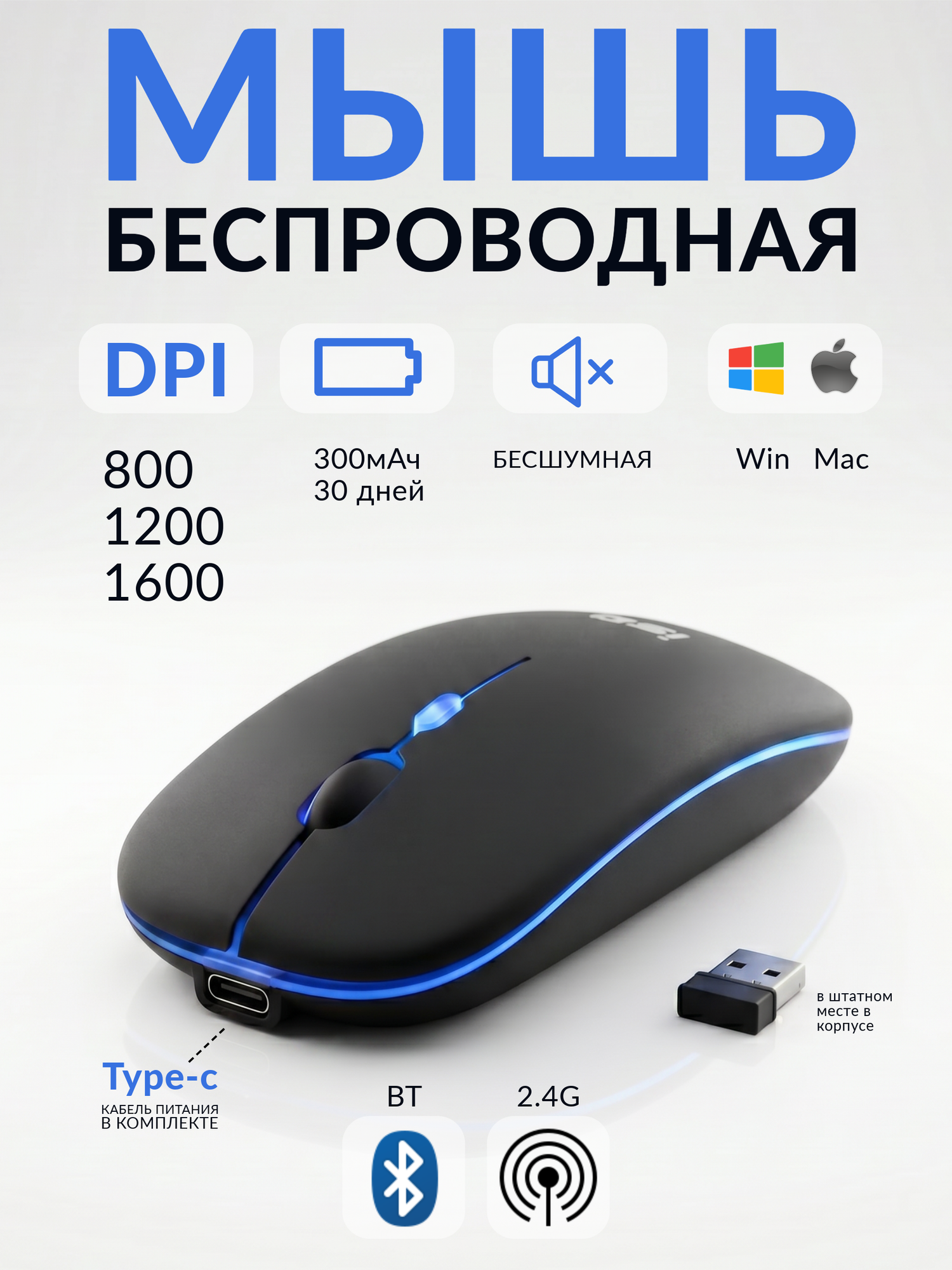 Мышка беспроводная с RGB подсветкой, оптическая, для ПК, для ноутбука, 1600 dpi, USB+BT, черный матовый