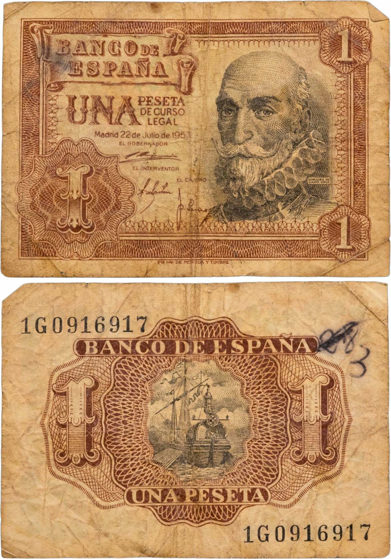 Испания 1 песета 1953 Pick 144a Маркиз Санта-Крус