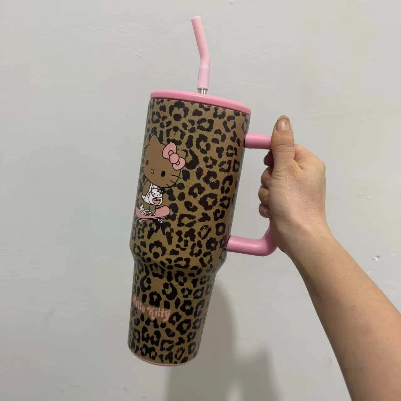 MINISO Термос Hello Kitty с леопардовым принтом, соломенная бутылка для воды, коричневый