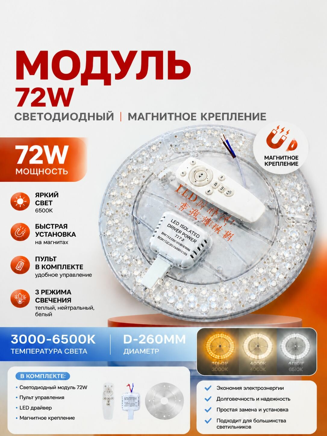 Модуль светодиодный с блоком питания 72 Вт, 3000-6500К, с пультом управления, комплектующие для светильника 1 шт