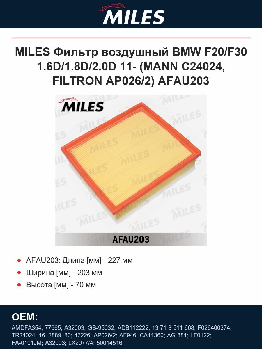 MILES Фильтр воздушный BMW F20/F30 1.6D/1.8D/2.0D 11- (MANN C24024, FILTRON AP026/2) AFAU203