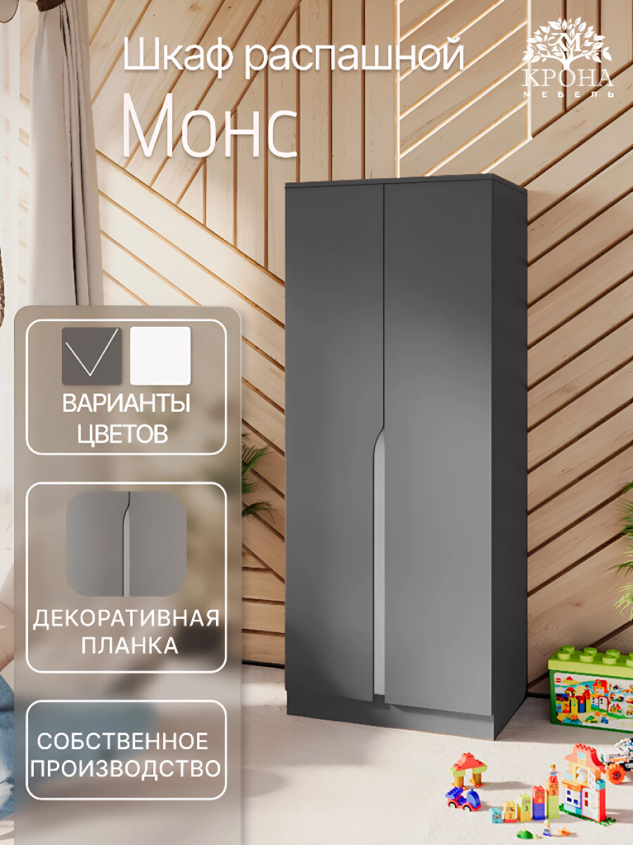 Шкаф распашной Монс-2, Антрацит, 90x200x60 см, 2 двери, 6 полок, для спальни
