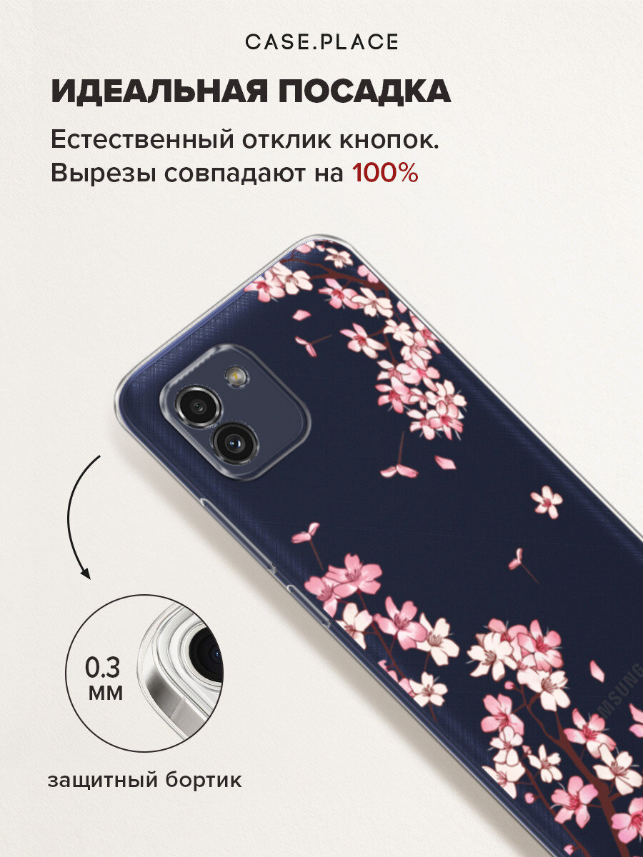 Чехол на Samsung Galaxy A03 / Самсунг Галакси А03 с принтом "Ветви сакуры 1", прозрачный — фото 1
