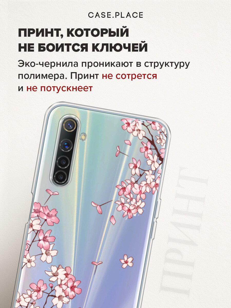 Чехол на Realme 6 / Реалми 6 с принтом "Ветви сакуры 1", прозрачный — фото 1