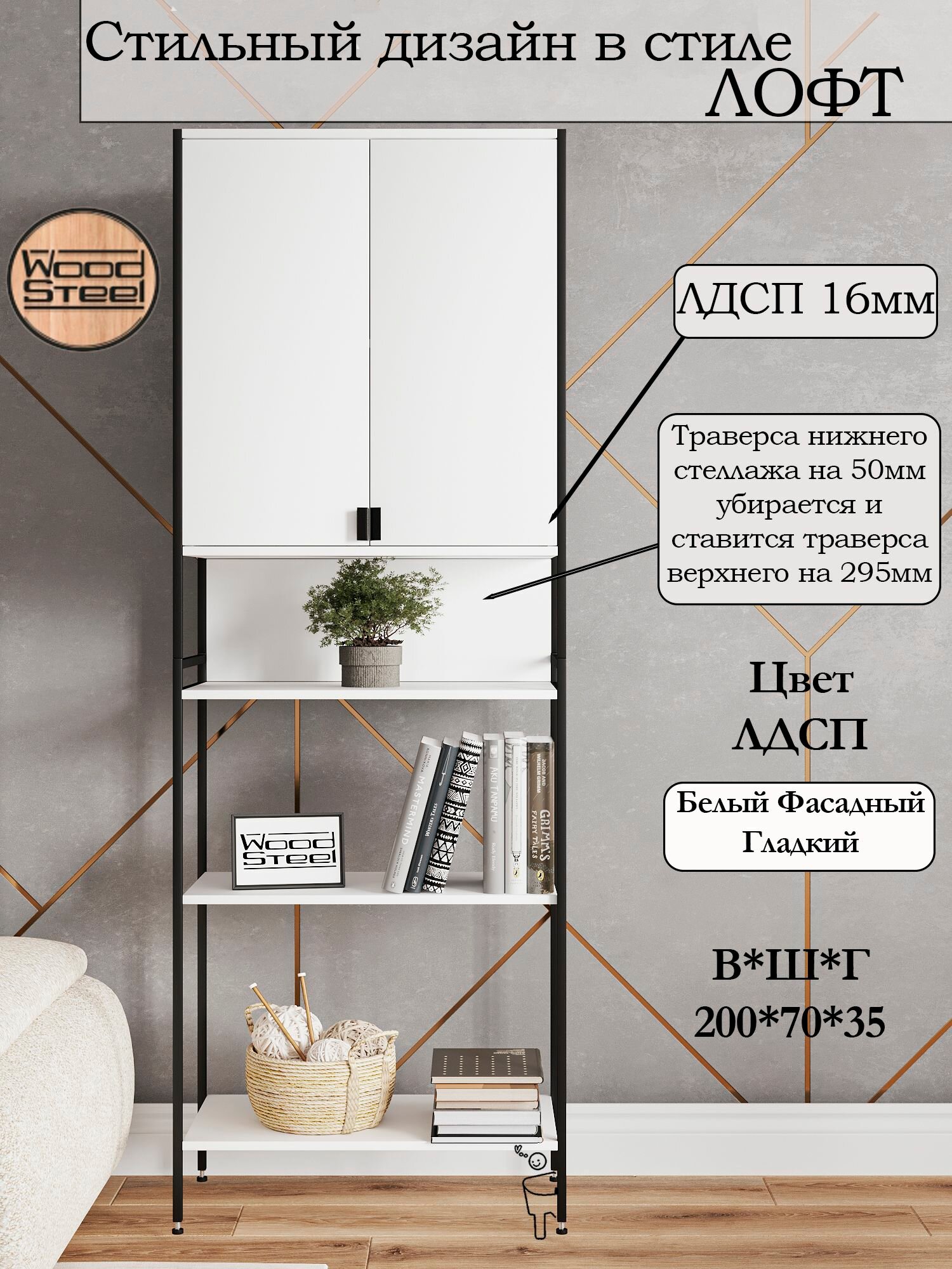 Стеллаж напольный Лофт 200*70*35 см. "Феникс 24". Белый Фасадный. Стеллаж Металлический деревянный , для книг, для игрушек