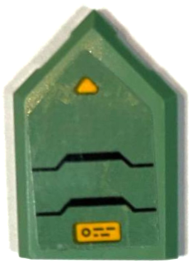 Tile, Modified 2 x 3 Pentagonal with Armor Plates with Black Outlines, Bright Light Orange Triangle and Rectangle with Lines Pattern Model Right Side (Sticker) - Set 71750, 22385pb321R Sand Green U