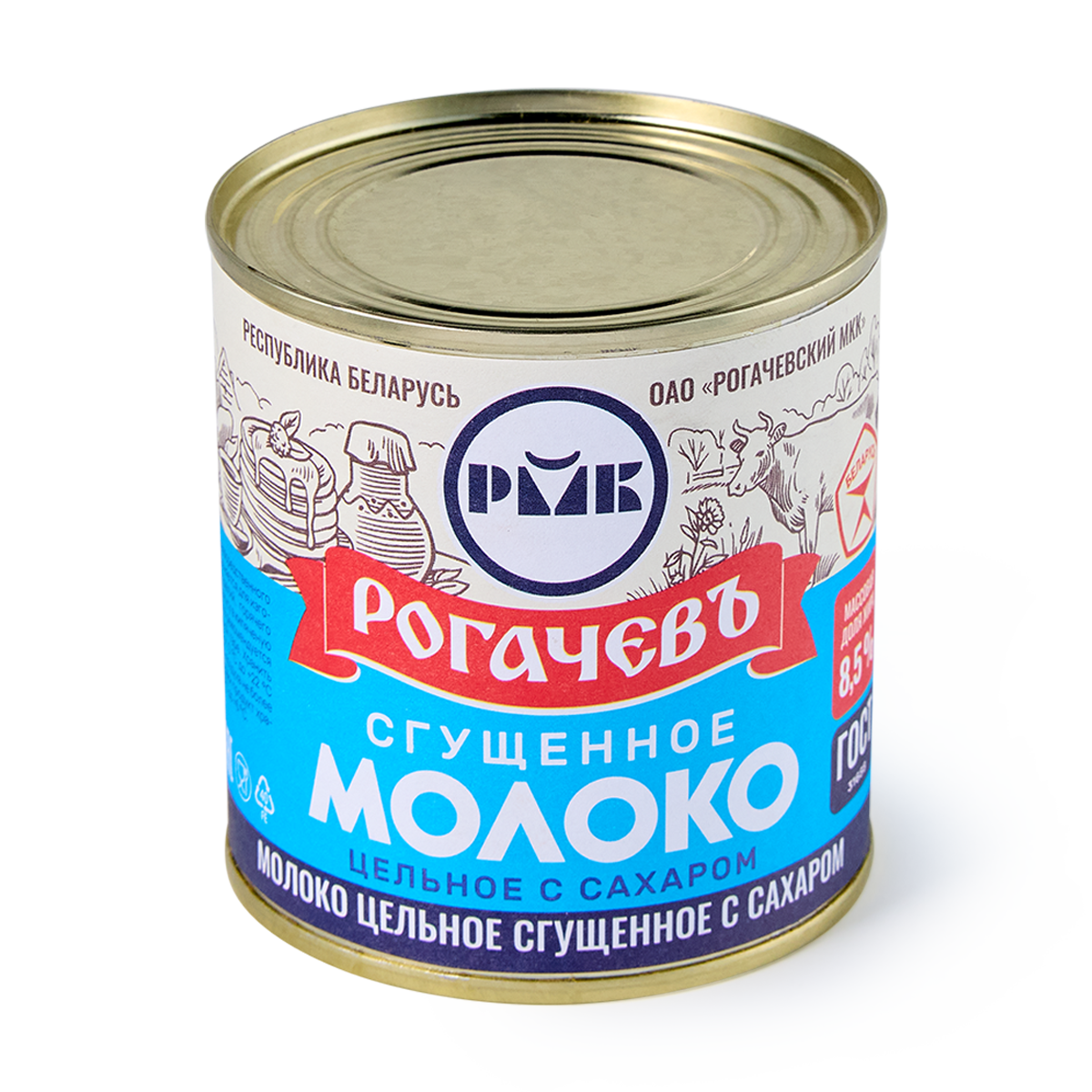 Сгущенное молоко Рогачевъ цельное с сахаром, 380 г, жестяная банка