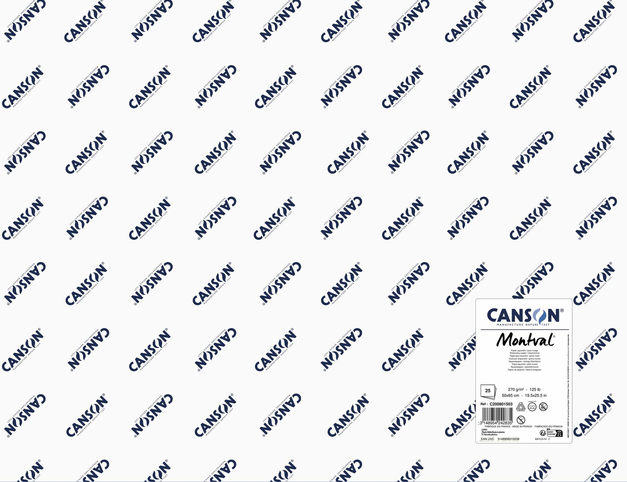 CANSON Montval бумага для акварели 100% целлюлоза 270 г/м2, 25 листов 50 х 65 см, Крупнозернистая C200801503