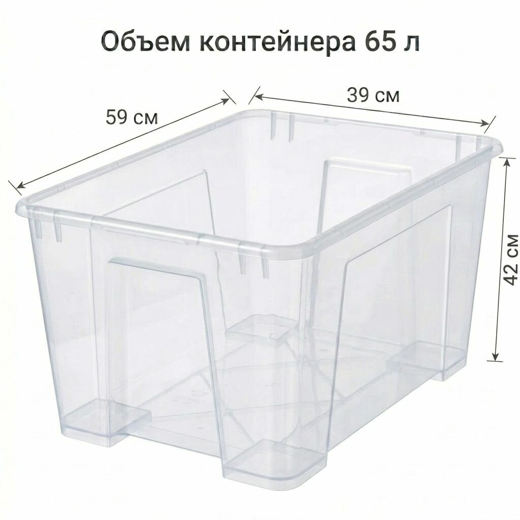 Контейнер 65 л пластиковый прозрачный 56х42х39 см для хранения большой вместительный