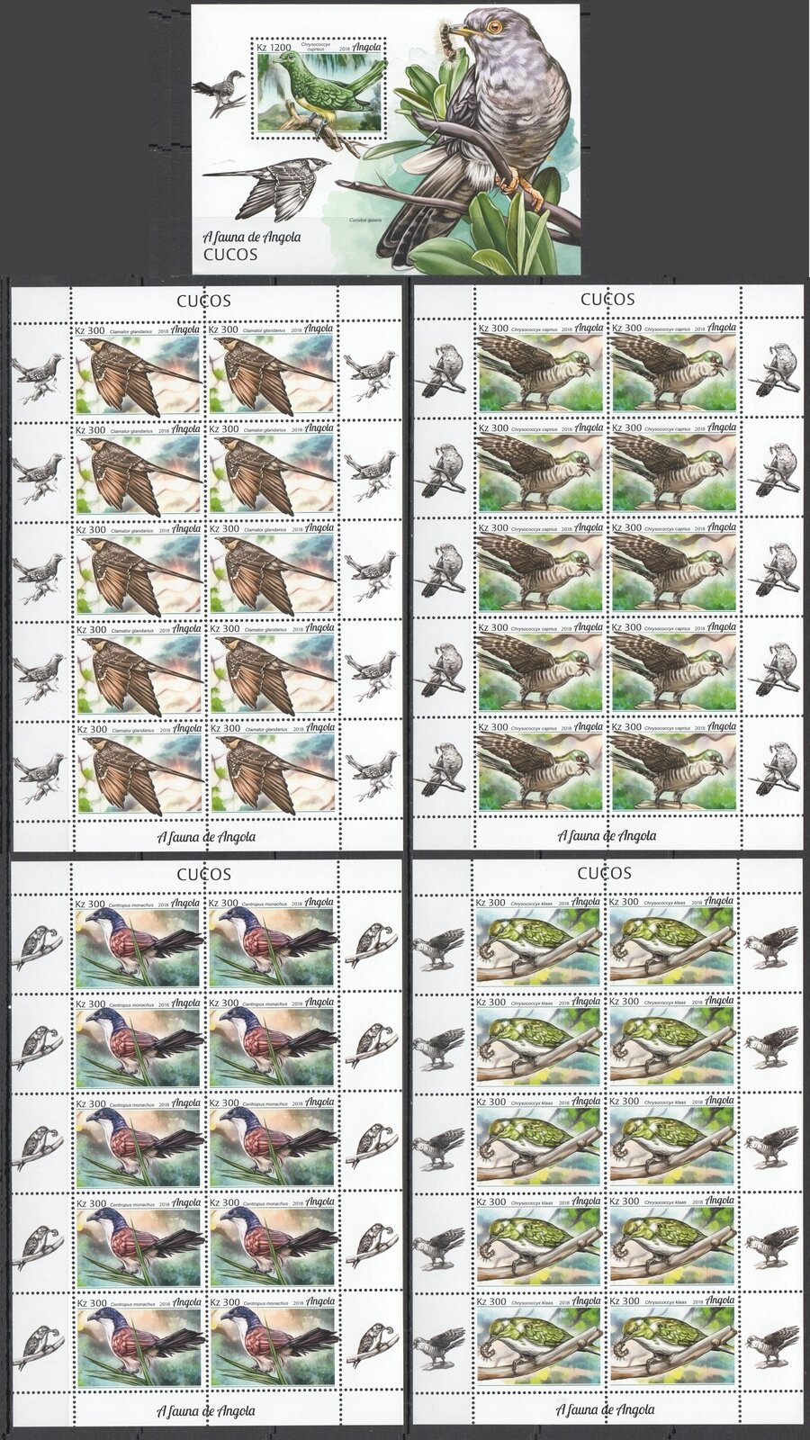 Марки 2018 год Ангола Кукушки Птицы Фауна #1971-1974 ! 4 Листа+Bl160 Mnh