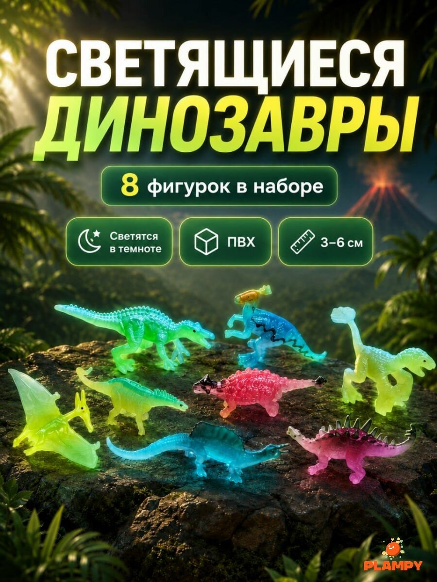 Набор игровых фигурок динозавров Plampy Мир динозавров , светящиеся в темноте игрушки для детей, 8 штук
