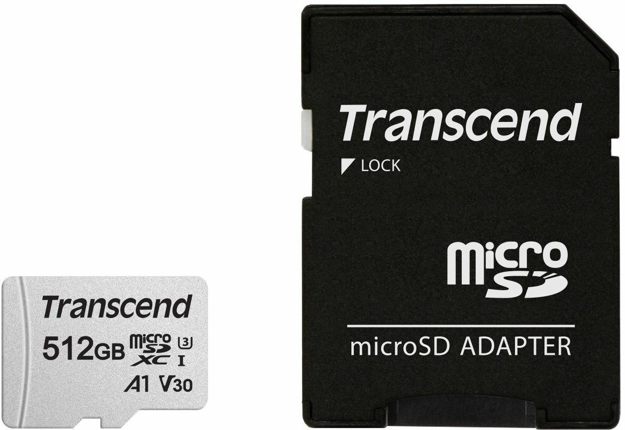 Карта памяти microSDXC UHS-I U3 Transcend 300S 512 ГБ, 100 МБ/с, Class 10, TS512GUSD300S-A, 1 шт, переходник SD