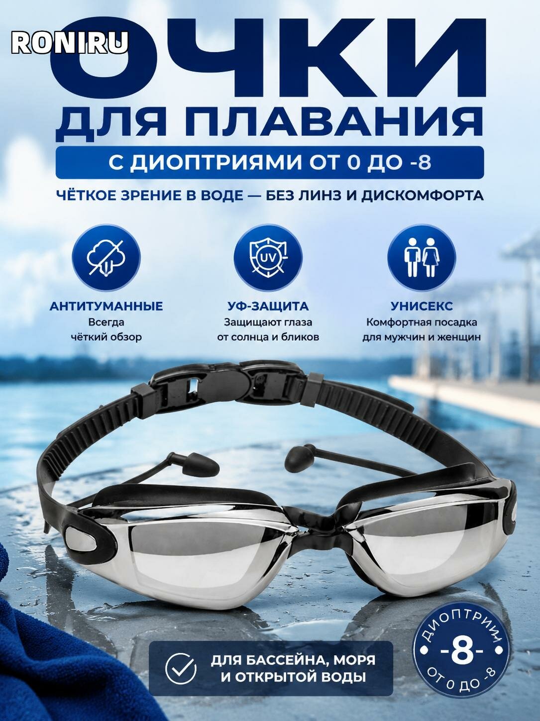 Очки для плавания с диоптриями от 0 до -8, антитуманные, УФ‑защита, унисекс — для бассейна, моря и открытой воды