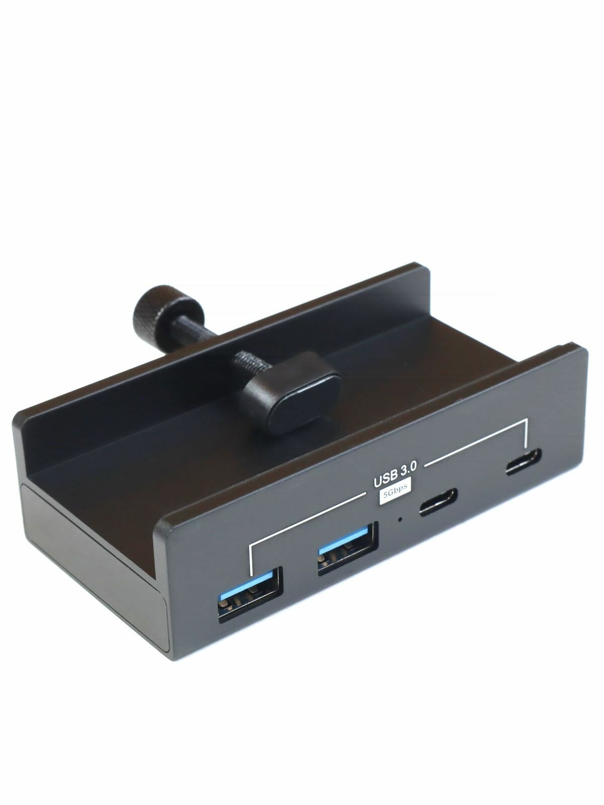 Хаб USB 3.0 и USB-C цельный алюминий черный 4 в 1 для крепления на стол или к монитору с доп питанием