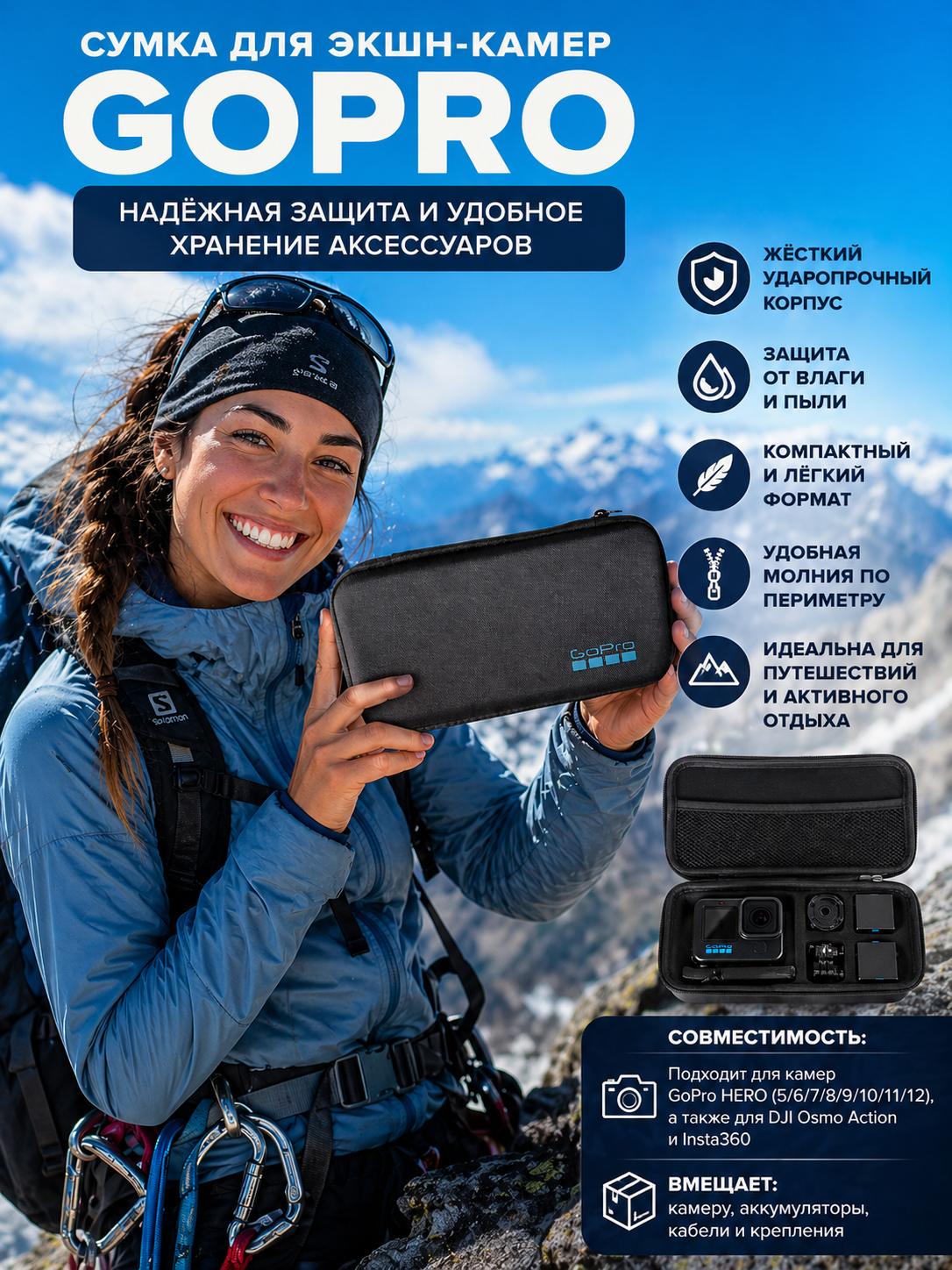 Сумка для экшн камер GoPro hero 13, 12, 11, 10, 9, 8, 7, 2018, 6, 5, 4, 3 всех серий Black Edition