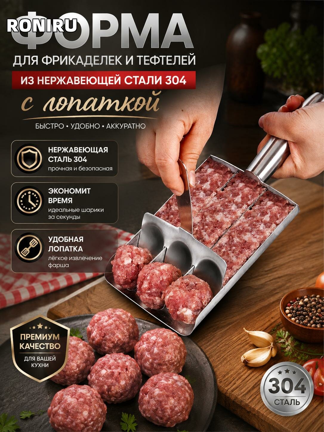 Форма для фрикаделек и тефтелей из нержавеющей стали 304 с лопаткой — кухонный инструмент для быстрого готовки