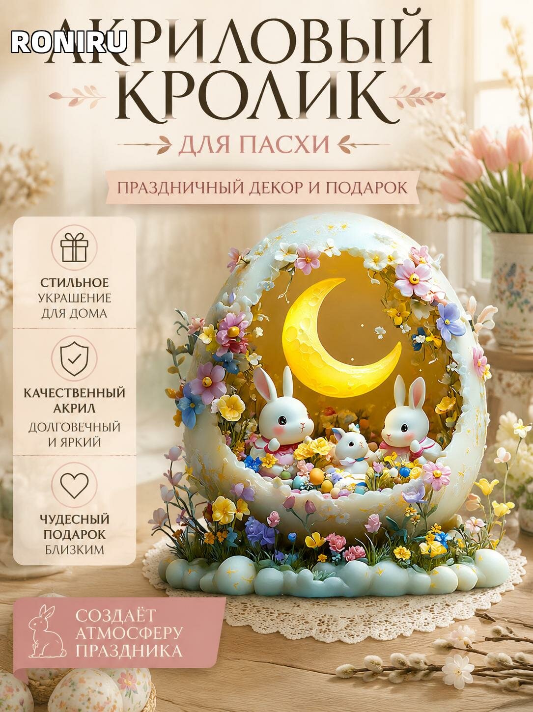 Акриловый кролик для Пасхи — праздничный декор для дома и стола, стильное украшение и подарок близким на праздник