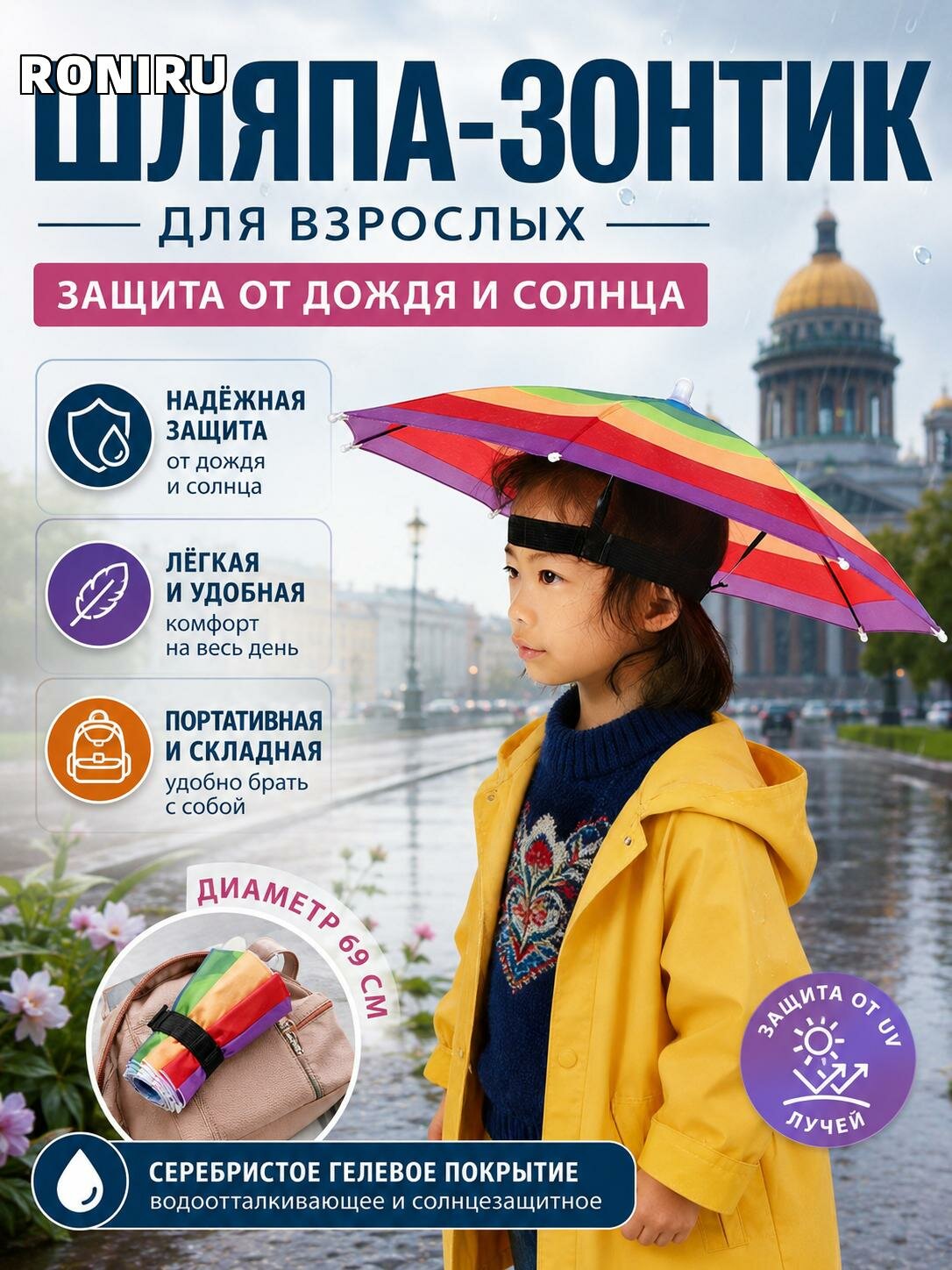 Шляпа-зонтик для взрослых, портативная шляпа с козырьком 69 см из серебристого гелевой материи для защиты от солнца и дождя